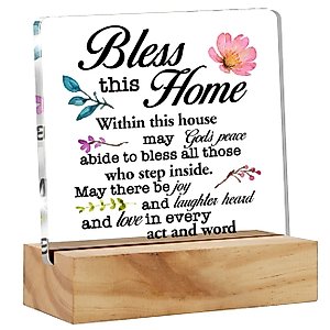 Inspirational House Warming Gifts Home Bless this Home Quote Desk Decor House Blessing Religious Acrylic Desk Plaque Sign with Wood Stand Home Office Desk Sign Keepsake