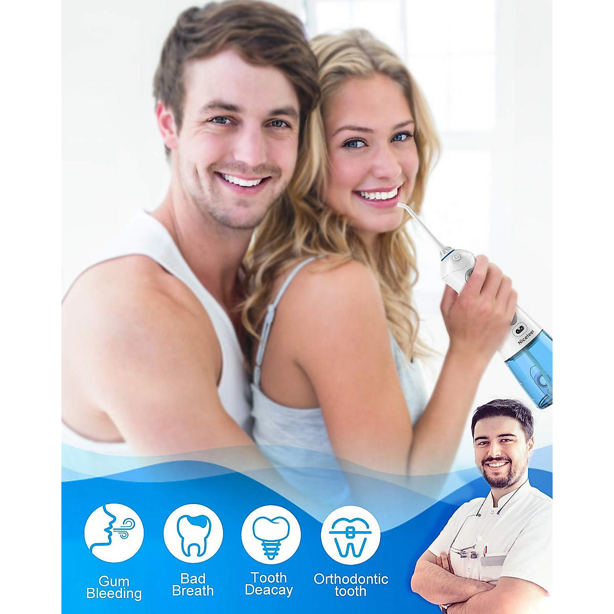 Cordless Water Flosser Teeth Cleaner, Nicefeel 300ML 2 Tip Cases Portable and USB Rechargeable Oral Irrigator for Travel, IPX7 Waterproof, 3-Mode Water Flossing with 4 Jet Tips for Home Blue