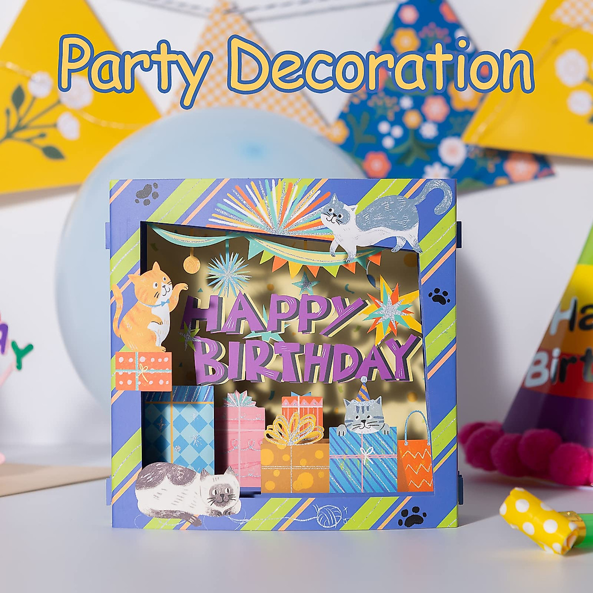 HOMANGA Happy Birthday Cat Greeting Card, 3D Cat Birthday Card, Cat Box Pop Up Bday Card, Displayable Birthday Gift for Cat Person, Mom, Daughter, Sister, Friend with Blank Note and Envelope, 6" x 6"