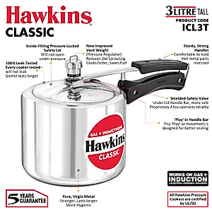 HAWKINS 3 Litre Classic Pressure Cooker, Induction Inner Lid Cooker, Tall Design Pan Cooker, Best Cooker, Silver (ICL3T)