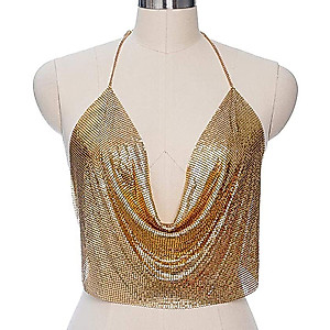 Ginfonr Sexy Sequins Body Chain Crop Top Belly Women Golden Fashion Jewelry Waist Bra Hot Bikini Beach Harness Dance Birthday Anniversary Festival Gift Night Club Party Rave Outfit for Lady Girls