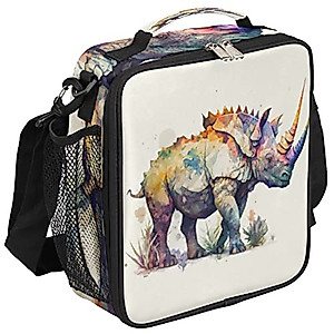 Insulated Lunch Bag, Watercolor Animal Triceratops Lunch Box Wide Opened Tote Reusable Lunch Container Organizer Thermal Cooler Bag with Shoulder Strap for School Office Picnic Hiking Beach Fishing