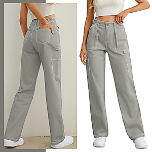 Women High Waisted Cargo Pants Wide Leg Casual Pants Combat Military Trousers Silver Gray