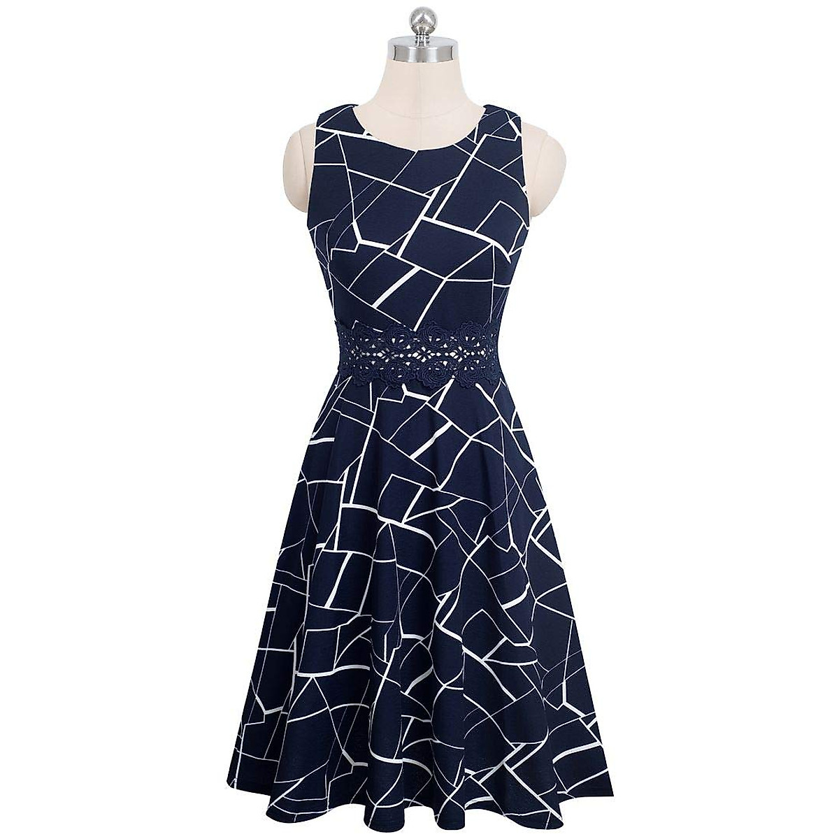 HOMEYEE Women's Sleeveless Cocktail A-Line Embroidery Casual Party Summer Wedding Guest Dress A079(4,Dark Blue Geometry)