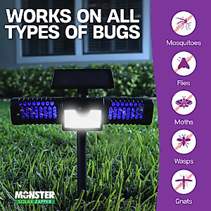 Monster Solar Bug Zapper Outdoor Waterproof, 2 in 1 Solar Powered Bug Zapper and Flood Light, Mosquito Zapper Outdoor for Fly, Bug, Mosquito and More, Motion Activated As Seen on Tv
