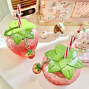 Soaoun Sippy Cup Strawberry Shaped PP Portable Water Cup Lovely with Straw Pendant Strap Fruit Pattern Drinking Bottle Cute for Home Gift