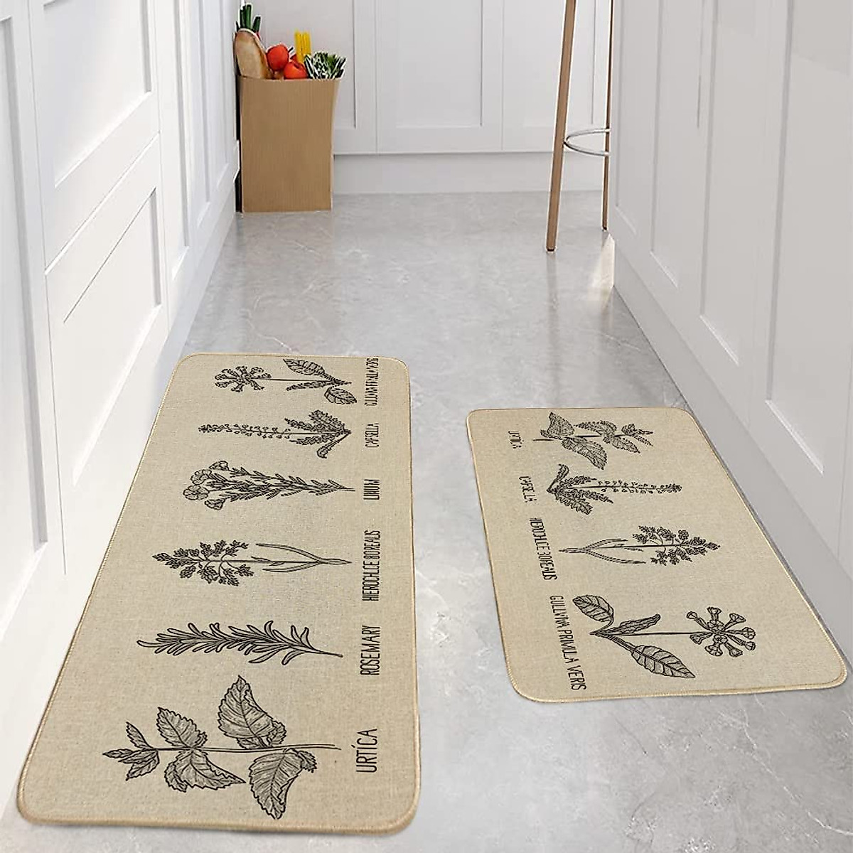 GEEORY Kitchen Mats for Floor Set of 2,Capsella Rosemary Linum Gullviva Primula Veris Floor Mat Farmhouse Seasonal Holiday Decor for Home Kitchen - 17x29 and 17x47 Inch