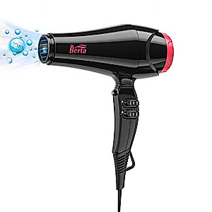 BERTA 1875W Professional Salon Hair Dryer Negative Ionic Blow Dryer, 2 Speed 3 Heat Settings Cool Button with AC Motor, Concentrator Nozzle & Diffuser