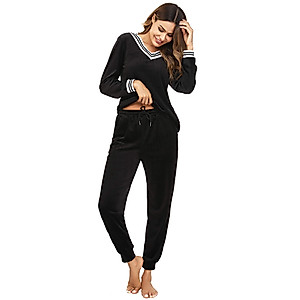 Irevial Track Suits for Women, Ladies V Neck Long Sleeve Crushed Velvet Tops Casual Sweatsuit Sets Jogging Pant with Pockets Elastic 2 Piece Outfits Black XL
