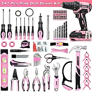 SHALL 247Pcs 20V Cordless Drill Driver & Household Tool Kit for Women, Pink Electric Power Drill Screwdriver and Home Hand Tool Set with 14” Storage Tool Bag for DIY, Home Repair/Maintenance