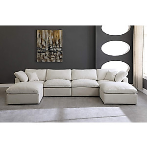 Meridian Furniture 602Cream-Sec6B Plush Collection Contemporary Down Filled Comfort Overstuffed Velvet Upholstered Modular U-Shaped Sectional 4-Seater and 2 Ottomans Cream