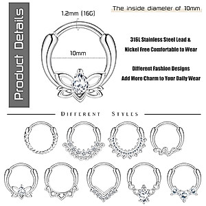 Ubjuliwa 9pcs Septum Rings Jewelry 16g Daith Earrings Hinged Hoop Nose Rings Septum Clicker CZ Stainless Steel Cartilage Earring Helix Tragus Daith Piercing Jewelry for Women