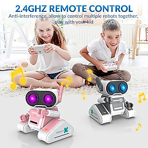 STEMTRON RC Robot Toys for Kids, Rechargeable Remote Control Robot Toy for Boys & Girls, with Auto Demo, Dance Moves, Music, Shining 7 Colors LED Eyes & Flexible Head, Ears & Arms