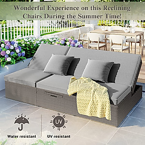 Merax Patio Conversation Set, Outdoor Double Sunbed Wicker Rattan Patio Reclining Chairs with Adjustable Backrest and Seat, Gray
