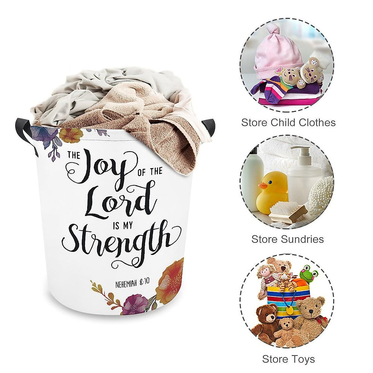 Christian Bible Verse Inspirational Quote Laundry Basket Large Round Canvas Laundry Hamper with Handles Foldable Storage Bin for Dirty Clothes Hamper Bedroom Bathroom