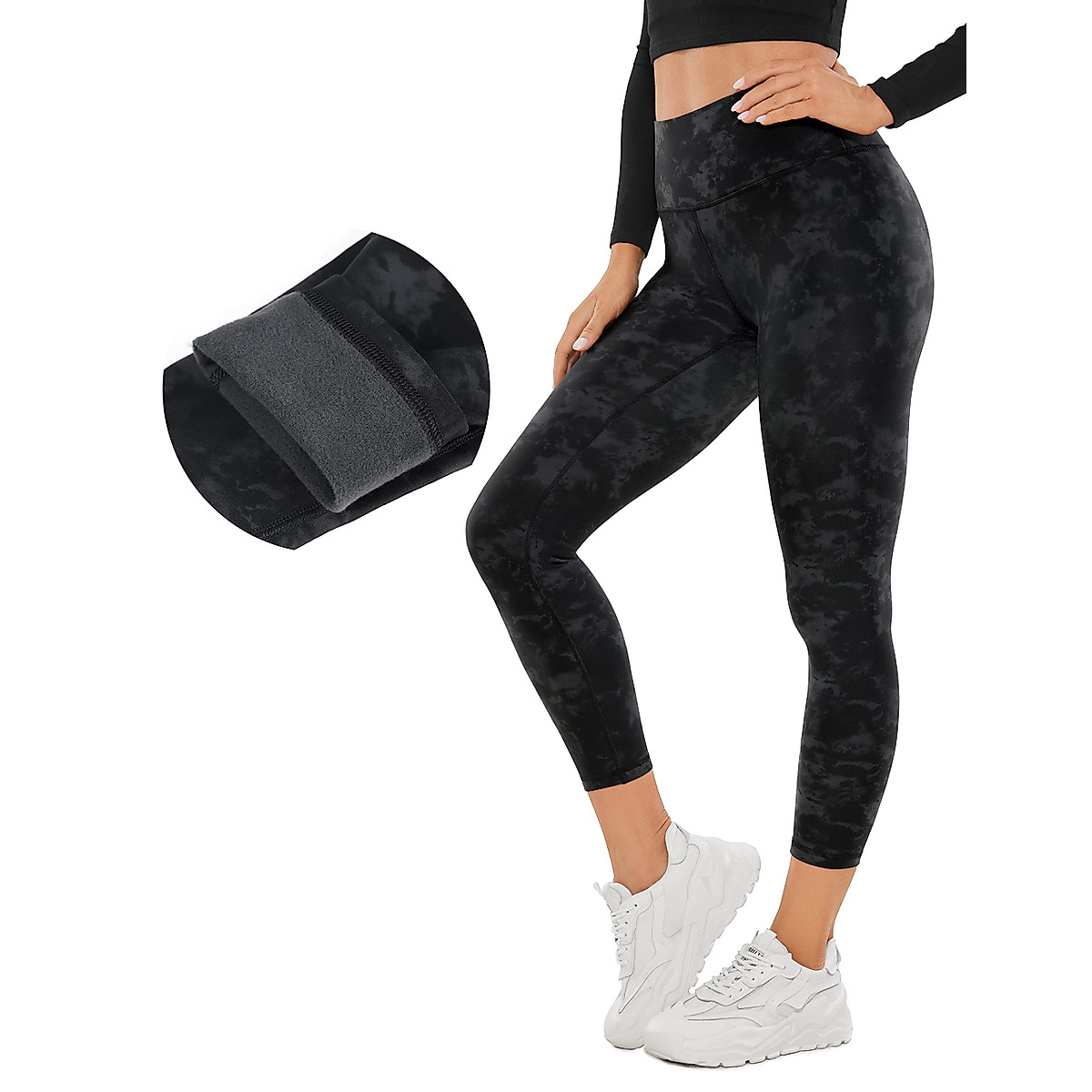 CRZ YOGA Womens Thermal Fleece Lined High Waisted Leggings 24 Inches - Workout Winter Warm Thick Tights Soft Yoga Pants Tie Dye Smoke Ink Medium