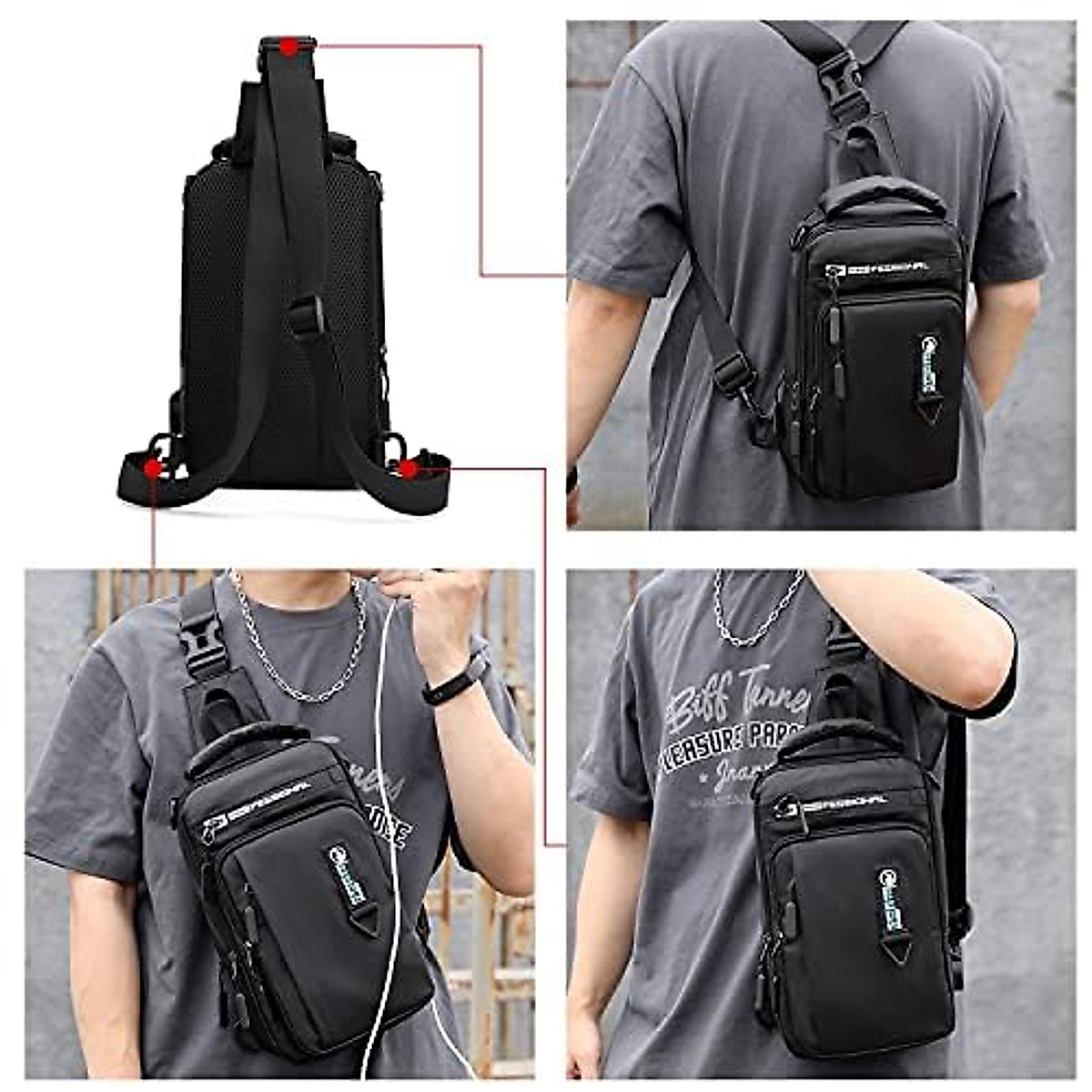 Peicees Sling Bag for Men Women Waterproof Mens Sling Backpack Purse Crossbody Bag with USB Charging Port for Travel Hiking