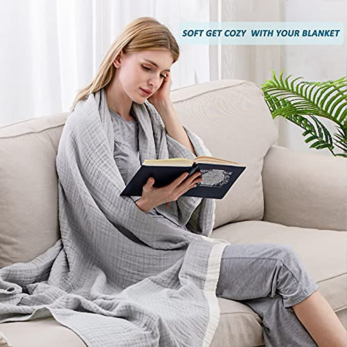 SE SOFTEXLY Cotton Muslin Throw Blanket for Adults,Breathable 4-Layer Yarn Dyed Linen Texture Gauze Blanket for Bed Sofa Couch,Super Soft Lightweight Twin Size Blanket for All Season（60"x80",Grey）