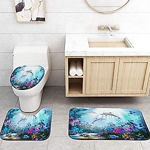Britimes 4 Piece Shower Curtain Sets, Underwater World Dolphins Plants with Non-Slip Rugs, Toilet Lid Cover and Bath Mat, Durable and Waterproof, for Bathroom Decor Set, 72" x 72"