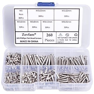 M3 Phillips Flat Head Screws Countersunk Bolts Nuts 304 Stainless Steel Nuts and Bolts Assortment Kit M3 x 6mm/ 8mm/ 12mm/ 16mm/ 20mm/ 25mm Metric Bolt Kit 260Pcs