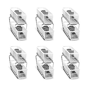 Madesmart 2-Tier Plastic Mini Multipurpose Organizer with Divided Slide-Out Storage Bins, Compact Under Sink and Cabinet Organizer Rack, Frost, Pack of 6