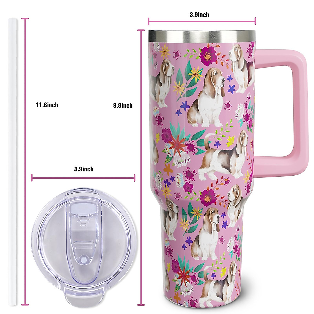 puhnhsv 40 oz Basset Hound Tumbler with Handle, Insulated Stainless Dog Tumbler Coffee Travel Mugs Cup Water Bottle Basset Hound Lovers Gifts for Women Girls