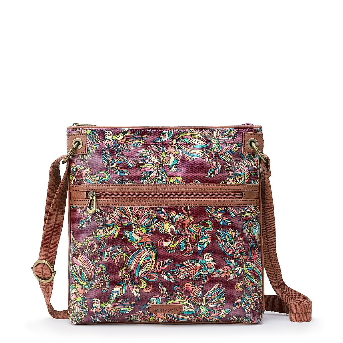 Sakroots Flat Crossbody in Coated Canvas with Adjustable Strap, Mulberry Treehouse