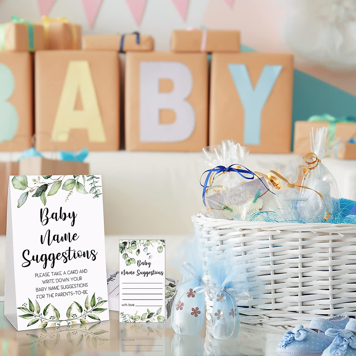 61 Pieces Baby Shower Games Include Greenery Baby Name Suggestion Sign and 50 Baby Shower Name Suggestion Cards with 10 Pencils for Baby Shower Party Decor