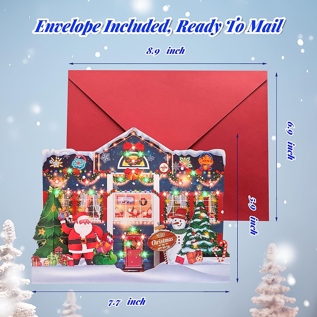 MZD8391 3D Pop Up Christmas Cards with Music & Lights, Animated Christmas Gift Card, Playing 3 Christmas Songs with 3 Matching Lights Blinking Modes (Envelope Included)