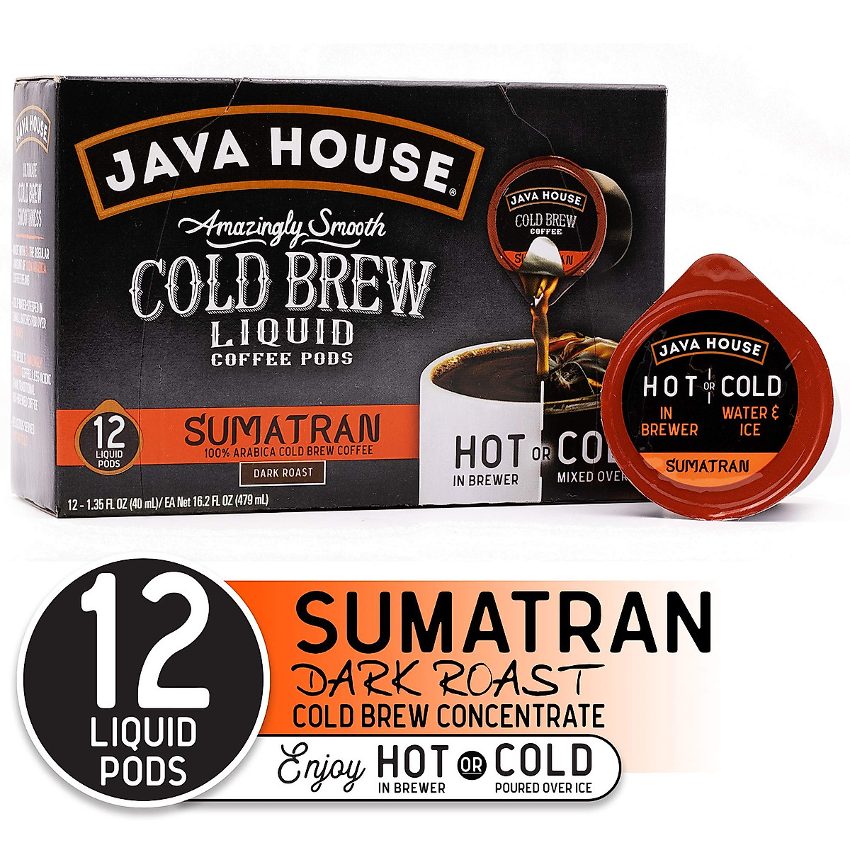 Java House Cold Brew Coffee Concentrate Single Serve Liquid Pods, Sumatran, 12 Count