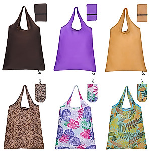 LOSANJI 6Pack Reusable Grocery Bags, Large Foldable Shopping Bag in Pocket, Nylon Recycle Groceries Bag with handles, Folding Heavy Duty Tote Bag for Travel, Khaki Purple Coffee