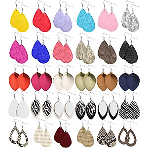Gushu 28 Pairs Leather Earrings for Women Sets Drop Leather Earrings Multipack Colorful Leaf Teardrop Dangle Earrings Bulk for Women Double-Side Printed