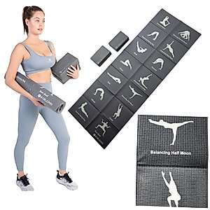 Skelcore Yoga Mat and Blocks Set- Travel Yoga Mat with Poses Printed On It and 2 Yoga Blocks - Non Slip Yoga Accessories For Beginners Folding Yoga Travel Mat 68"L x 24"W x 2mm