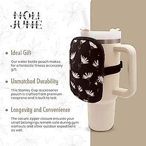 NOLI JUNE - Black Floral Neoprene Pouch for Stanley Quencher 18oz to 40oz - Adjustable Strap, Zipper Closure, Unisex Travel Accessory - Water Bottle Tumbler Carrier