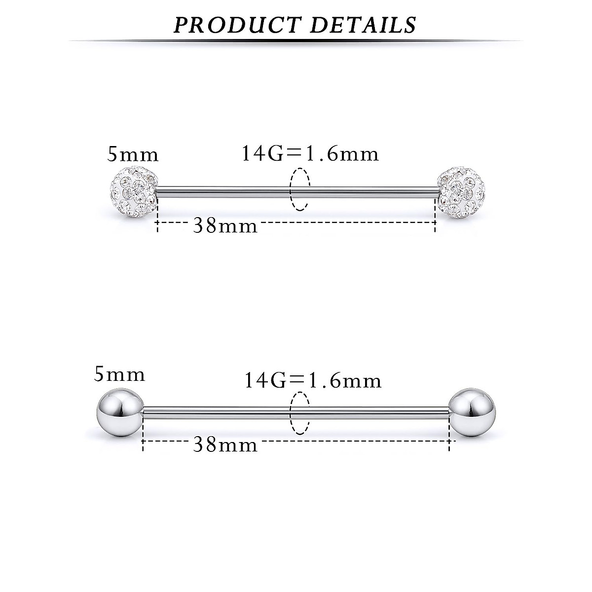 Uzgtvy 14G Industrial Piercing Jewelry Industrial Earrings Bar Barbells 14 Gauge Stainless Surgical Steel Silver Industrial Piercing Ring Cartilage Helix Conch Earring Piercing Jewelry Women Men 38mm