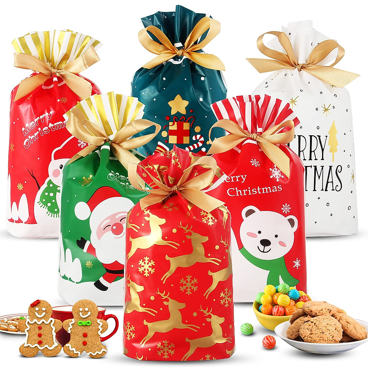 Heniho 60pcs Christmas Treats Bags, 4”x 6” Drawstring Candy Cookie Bags Gift Party Favors