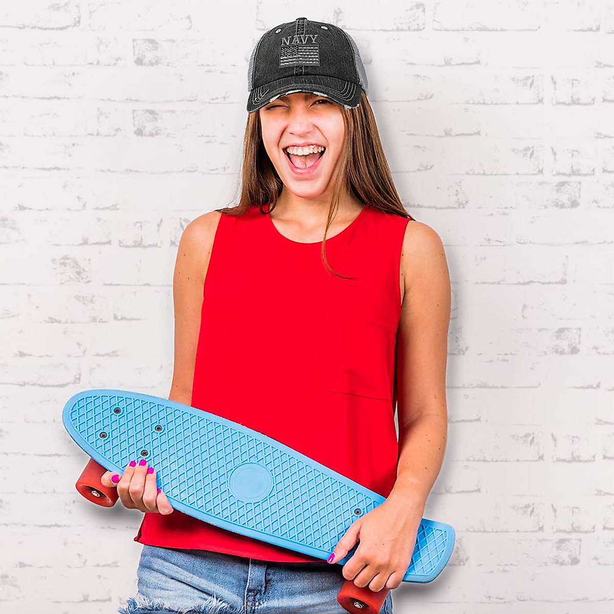 Speedy Pros Distressed Trucker Hat Us Navy American Flag America Embroidery for Men & Women