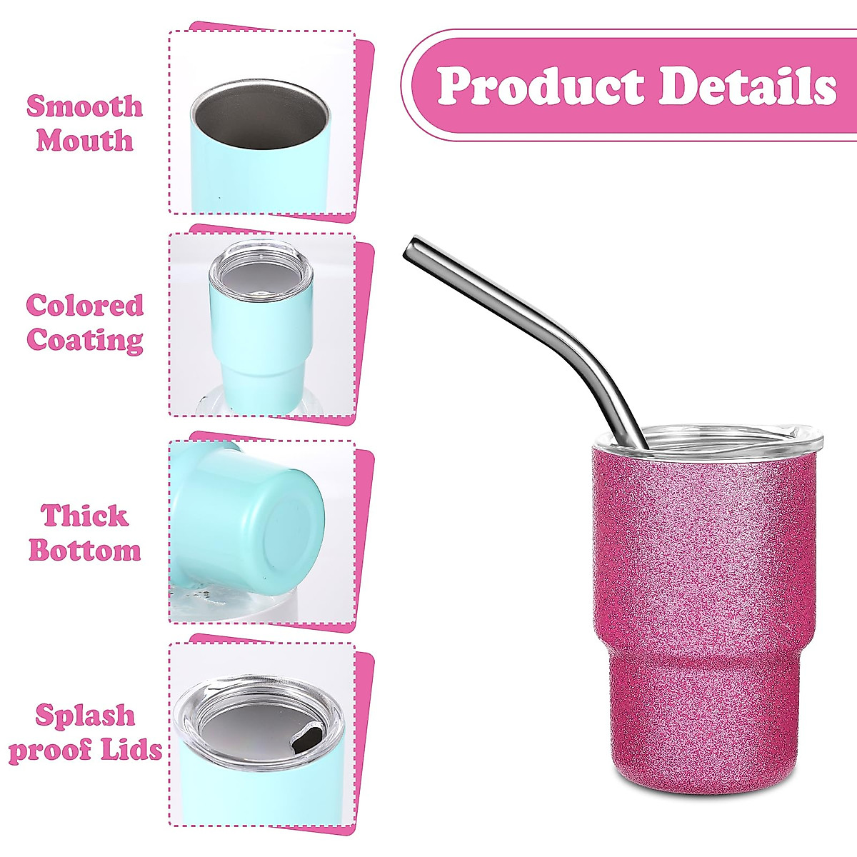 Needbrock 10 Pcs Mini Tumbler Shot Glass with Straw, 3oz Sublimation Shot Glass Tumblers Set Stainless Steel Double Wall Vacuum Insulated Shot Glasses Cups for Cocktail Coffee Whiskey Beer