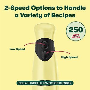BELLA Immersion Blender, Portable Mixer and Emulsifier with Whisk Attachment, 2 Speed, Electric Handheld Juicer, Shakes, Baby Food and Smoothie Maker, Stainless Steel, BPA Free, 250 Watt, Yellow