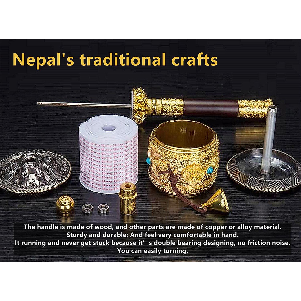 Copper Large Hand Held Prayer Wheel with Tibetan Buddhist Six-Character Truth Premium Buddha Scriptures, Wooden Handle Prayer Wheel for Praying, Blessing, Meditation, Healing, Relaxing, Yoga