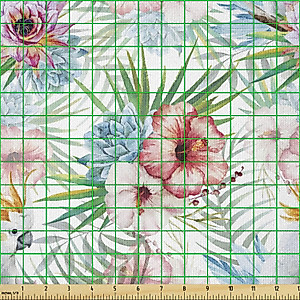 Ambesonne Tropical Fabric by The Yard, Exotic Hibiscuses and Parrots in Watercolors Hawaiian Flora and Fauna Composition, Stretch Knit Fabric for Clothing Sewing and Arts Crafts, 1 Yard, White Pink