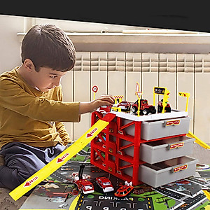 WISHTIME Parking Lot Car Garage Playset Matchbox Cars playsets,Vehicle Toy Fire Car Storage Box Toys Set Educational Gift with 6 Fire Trucks, Ramps, Traffic Signs for Kids