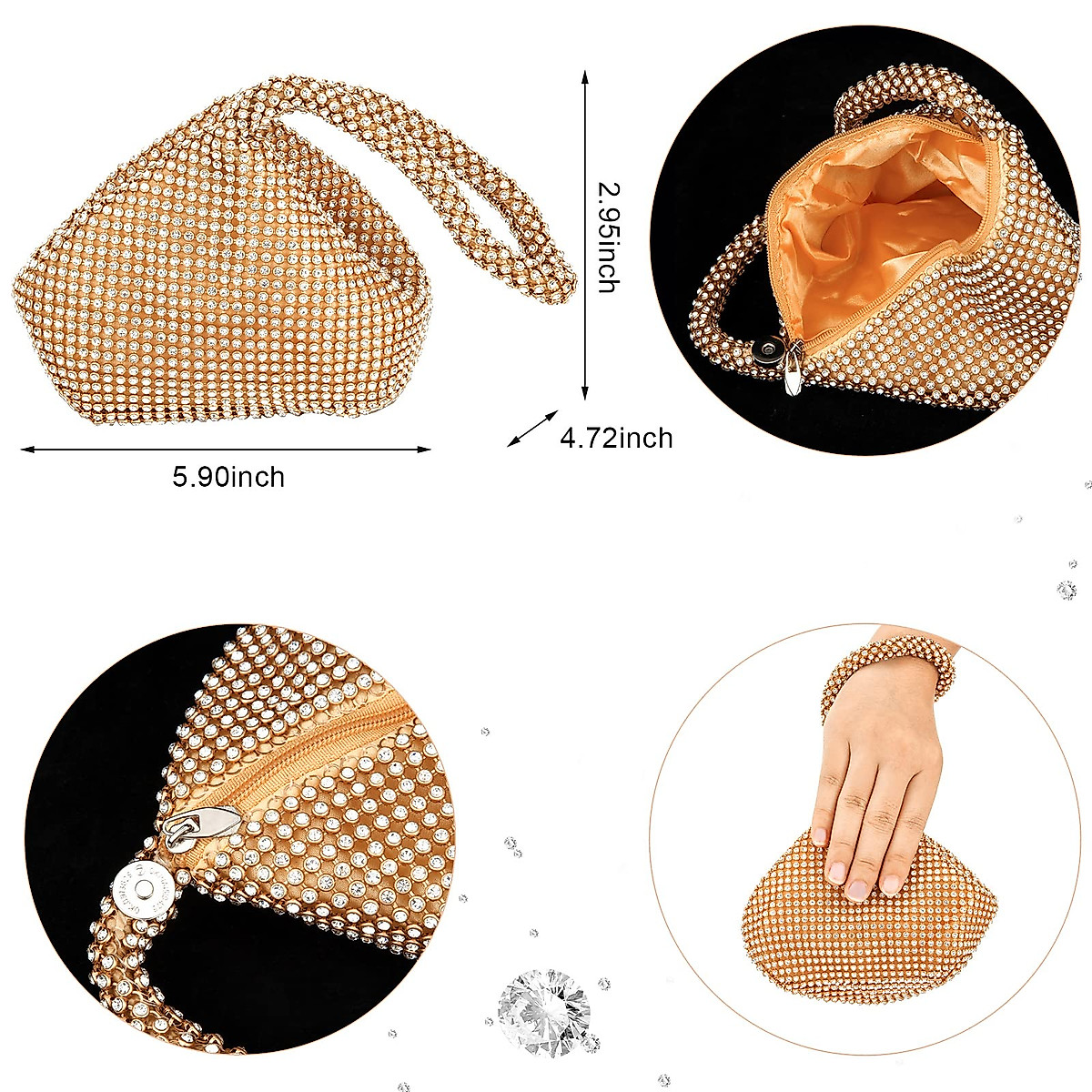 Women Rhinestone Jewelry Set Crystal Choker and Earring Set Bridal Wedding Bling Necklace Multilayer Bracelet Earring Bling Glitter Purse Ring Costume Jewelry (Gold Color)