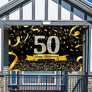 DARUNAXY Black Gold 50th Anniversary Party Decorations Happy 50th Anniversary Banner Cheer to 50 Years Backdrop 50 Wedding Anniversary Party Supplies for Parent 50th Anniversary Photography Background