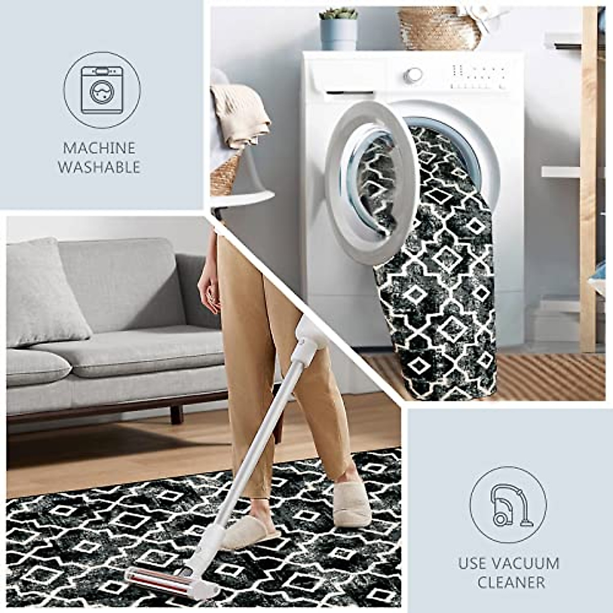 Wonnitar Moroccan Washable Round Rug 5ft Large Black Bedroom Circle Rug Non-Slip Dining Room Table Area Rug Contemporary Entryway Floor Carpet for Living Room Office Entryway (Black,5ft Round)