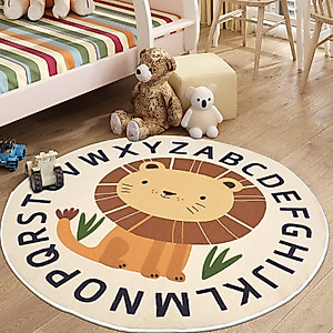 Lacomfy Kid Rugs Animal Play Rug 4Ft Large Round Lion Play Mat Soft Alphabet Educational Area Rug Nonslip Circle Baby Crawling Mat for Boys Girls Carpet for Kids Playroom Nursery, Sitting