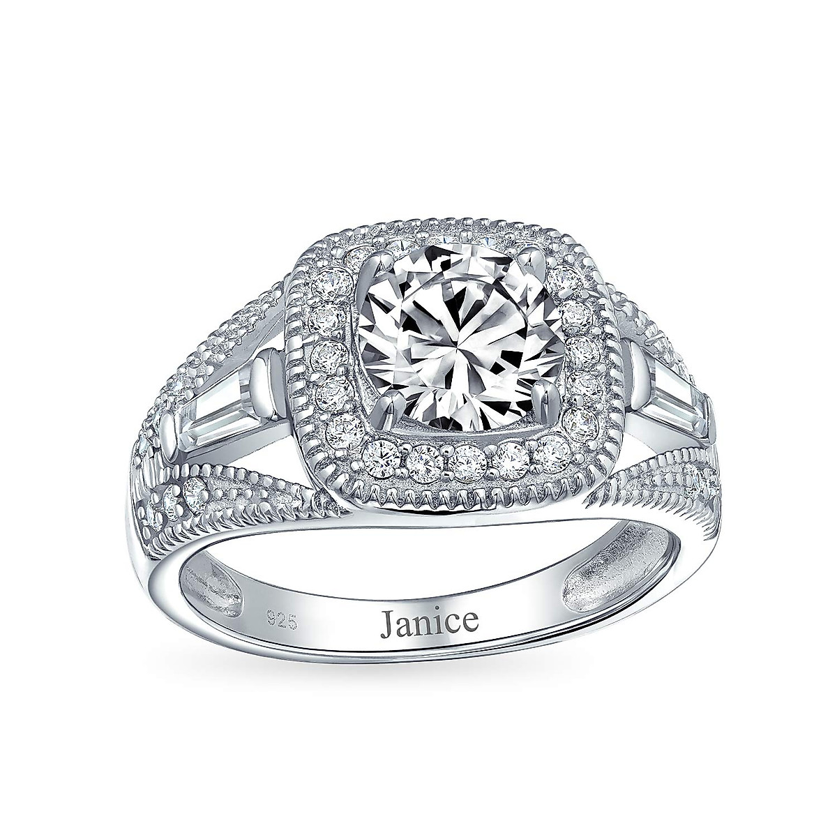 Personalize Vintage Antique Art Deco Style 2CT AAA CZ Pave Halo Square Cushion Cut Solitaire Engagement Ring For Women .925 Sterling Silver Split Baguette Side Stone Migrain Edge Band Customizable