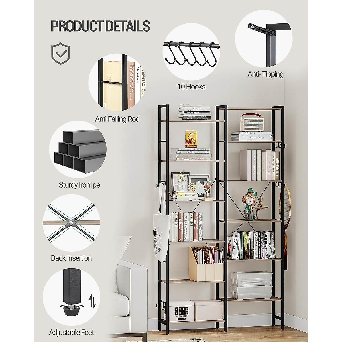 Hzuaneri Corner Bookshelf Bookcase, L-Shaped Industrial Bookshelves, Modern Tall Bookcases, Freestanding Display Shelf Storage Rack for Bedroom, Living Room, Home Office, 6-Tier Greige BC29605B