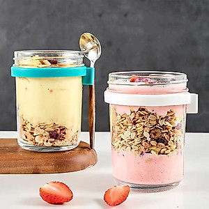 Overnight Oat Container with Lid and Spoon Set, 10 oz Large Airtight Oatmeal Container with Measure Marks Cereal, Milk, Vegetable and Fruit Salad Storage Containers (white and grey)