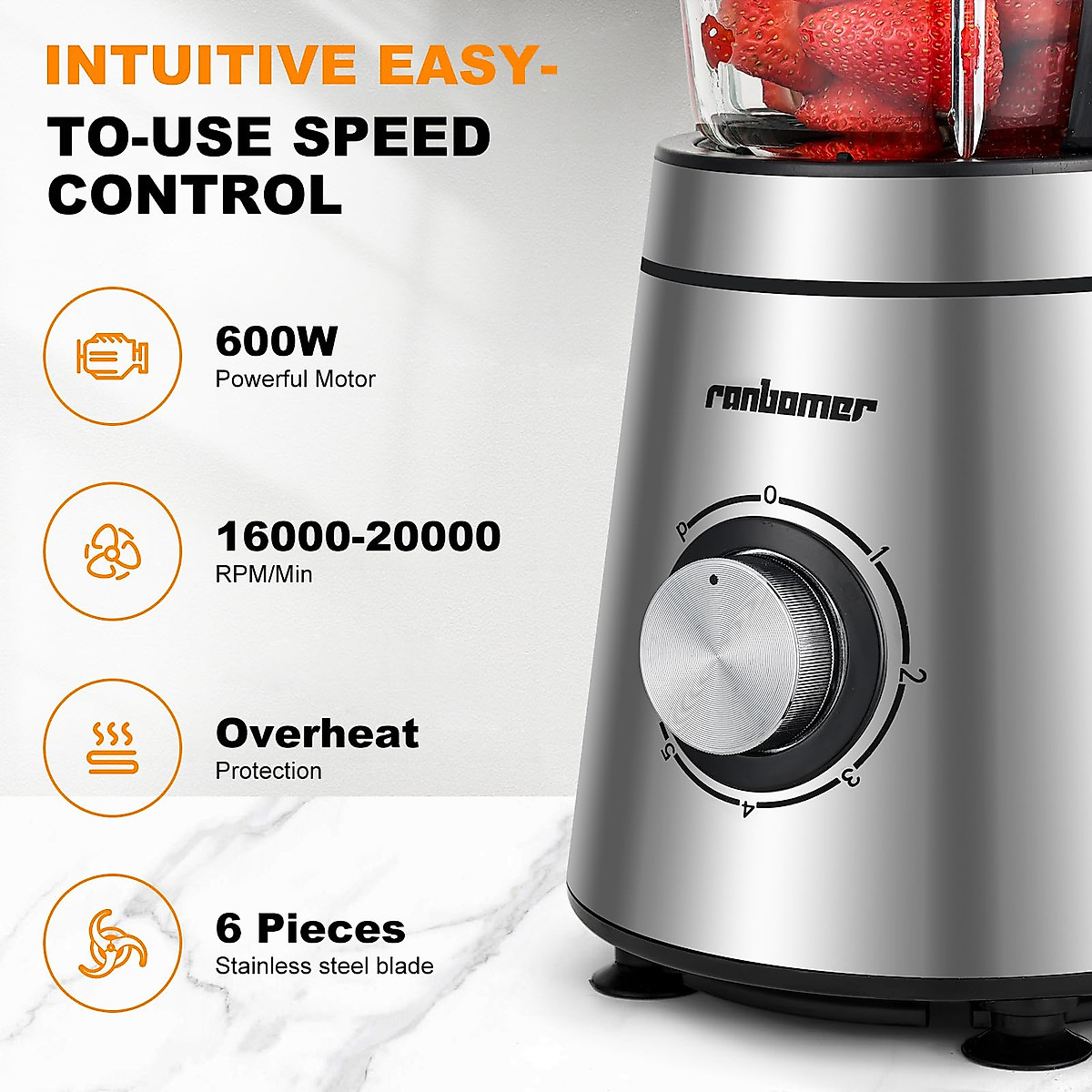 Ranbomer Blender,Blenders for Kitchen,Glass Blender for Shakes and Smoothies,crush ice,51oz Glass Jar,Simple Speed Dial,Black.